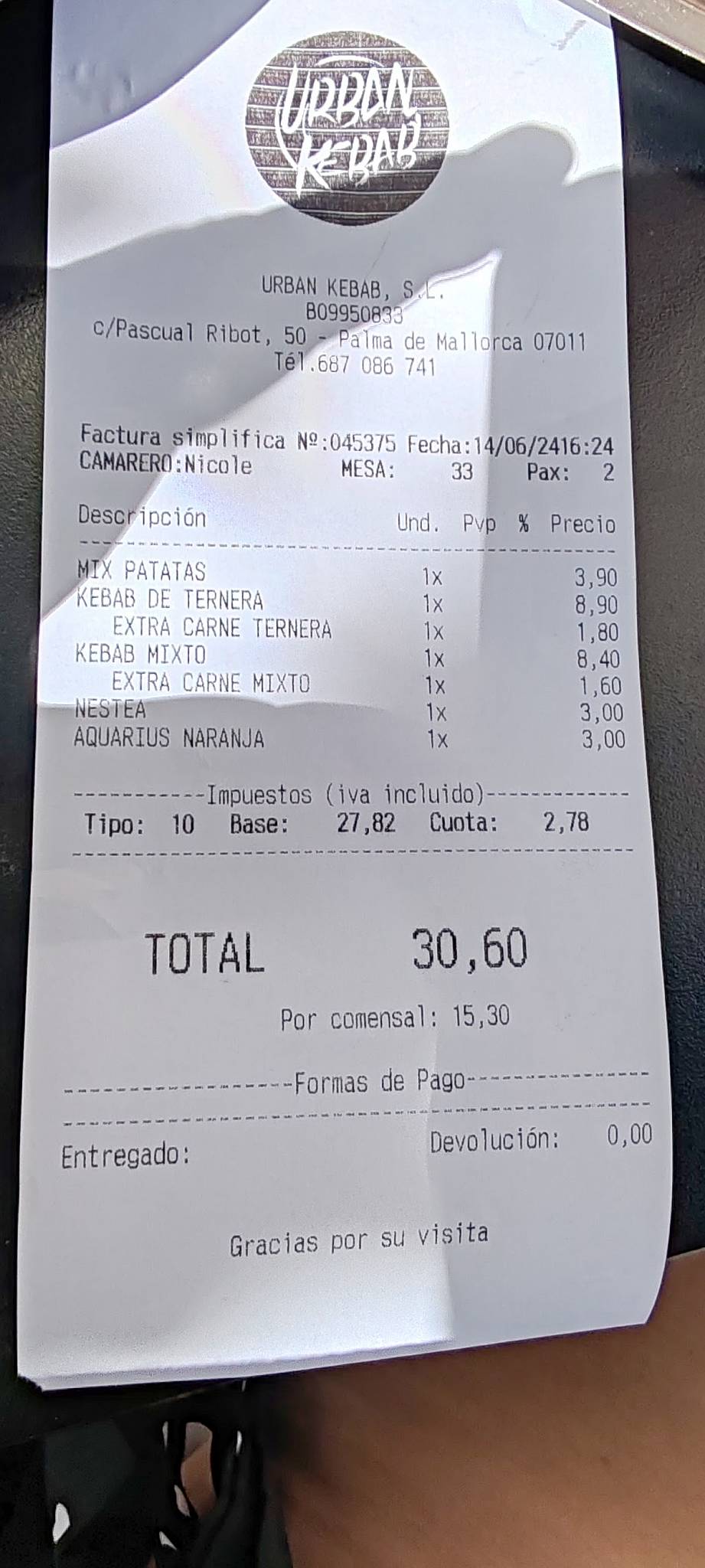 Menu at Urban Kebab restaurant, Palma