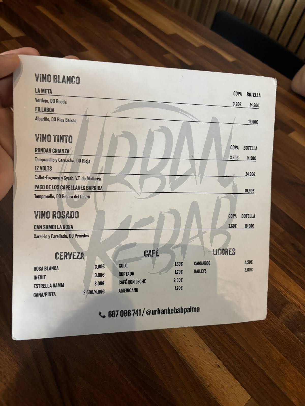 Menu at Urban Kebab restaurant, Palma