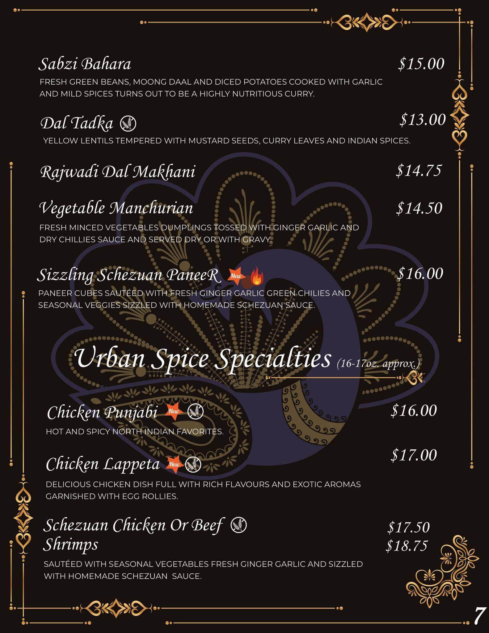 Menu at Urban Spice Restaurant, Saskatoon