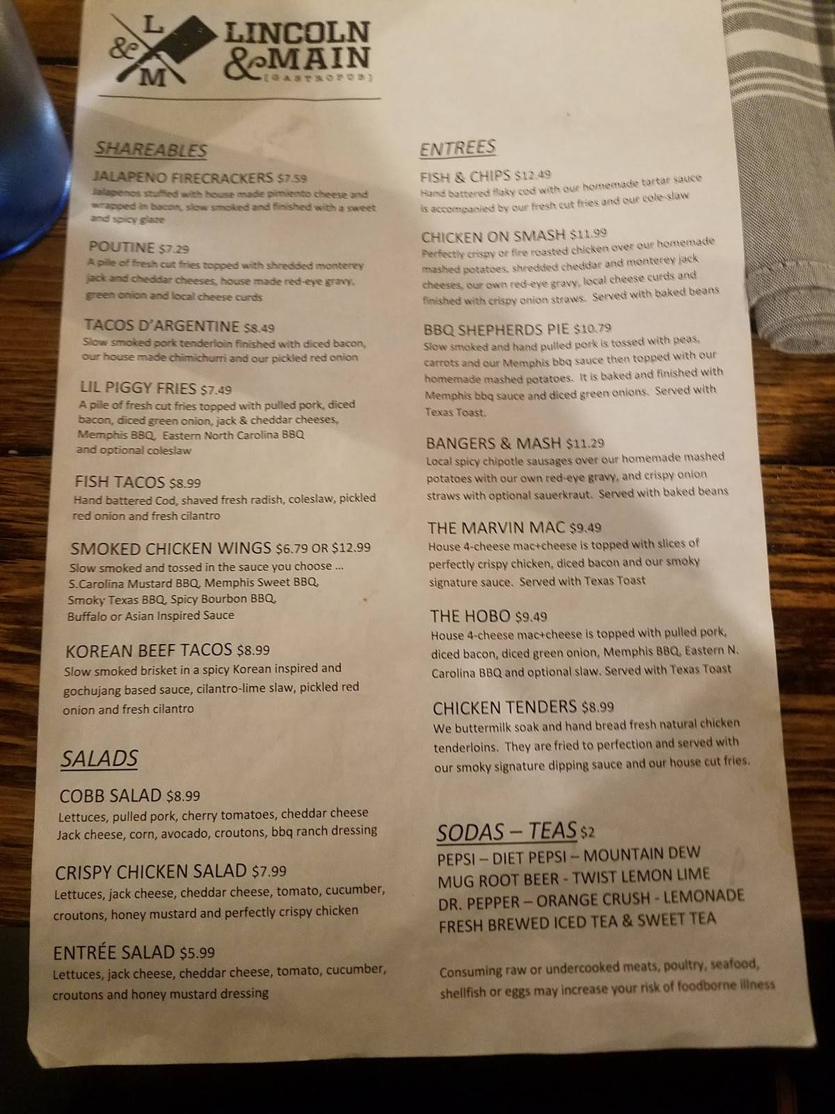 Menu at LINCOLN & MAIN GASTROPUB, Urbana