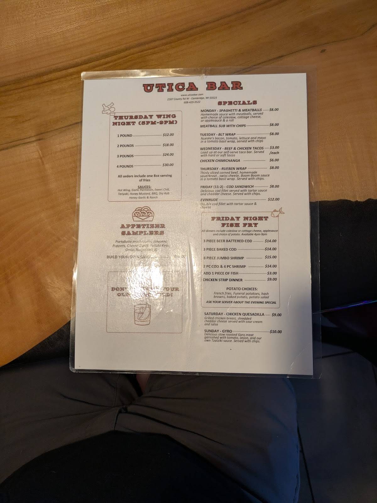 Menu at Utica Bar, Cambridge