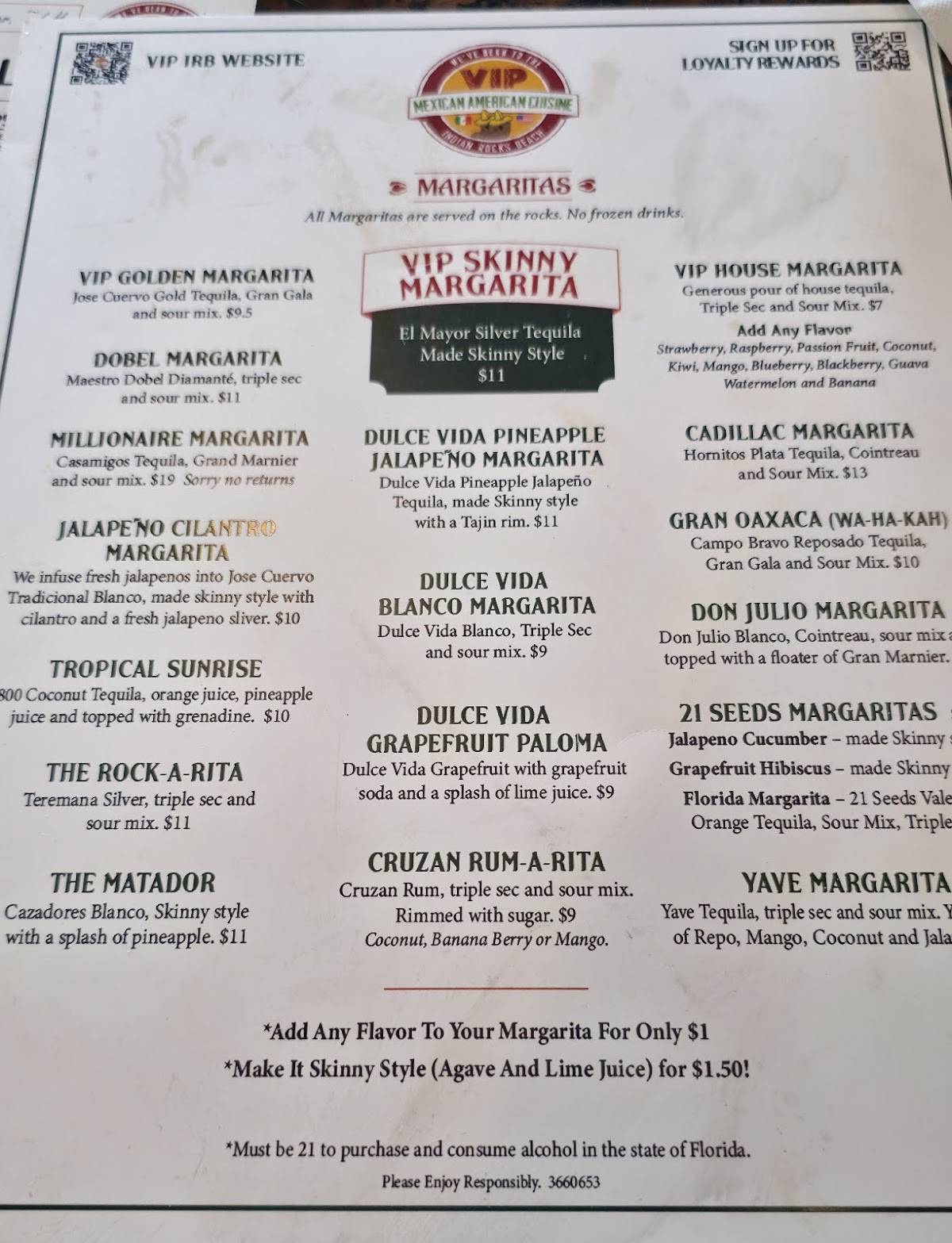Menu at VIP Mexican American Cuisine IRB restaurant, Indian Rocks Beach