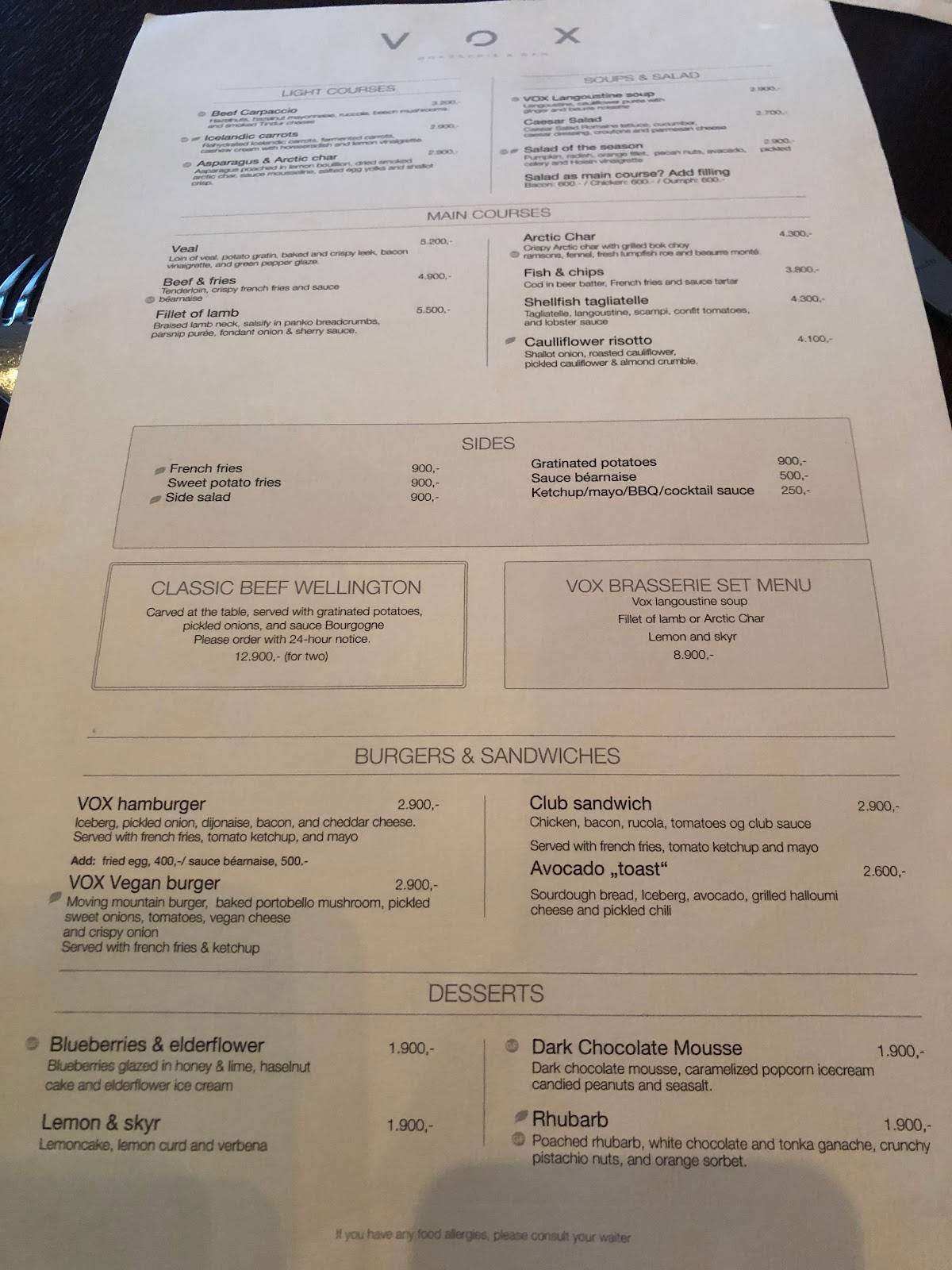 Menu at VOX Brasserie & Bar, Reykjavík