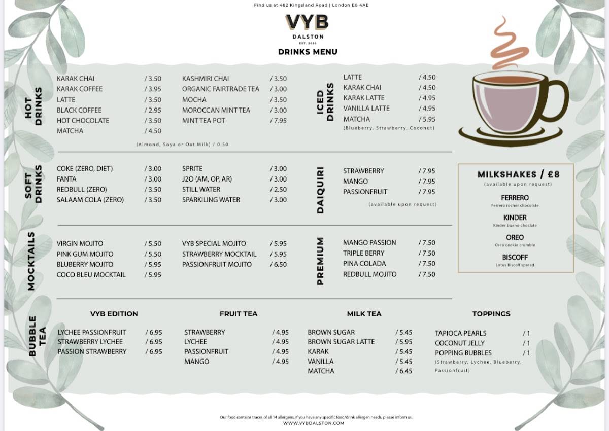 Menu at VYB Dalston restaurant, London