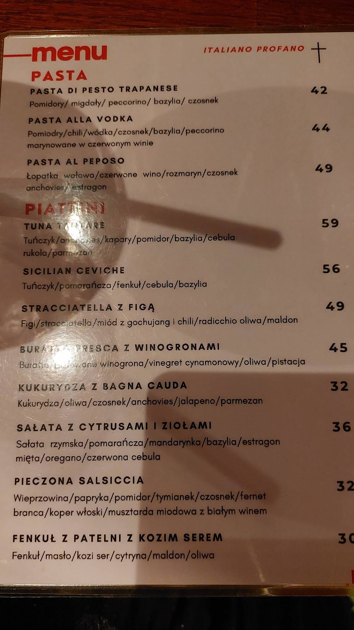 Menu at Va Bene Cicchetti restaurant, Warsaw