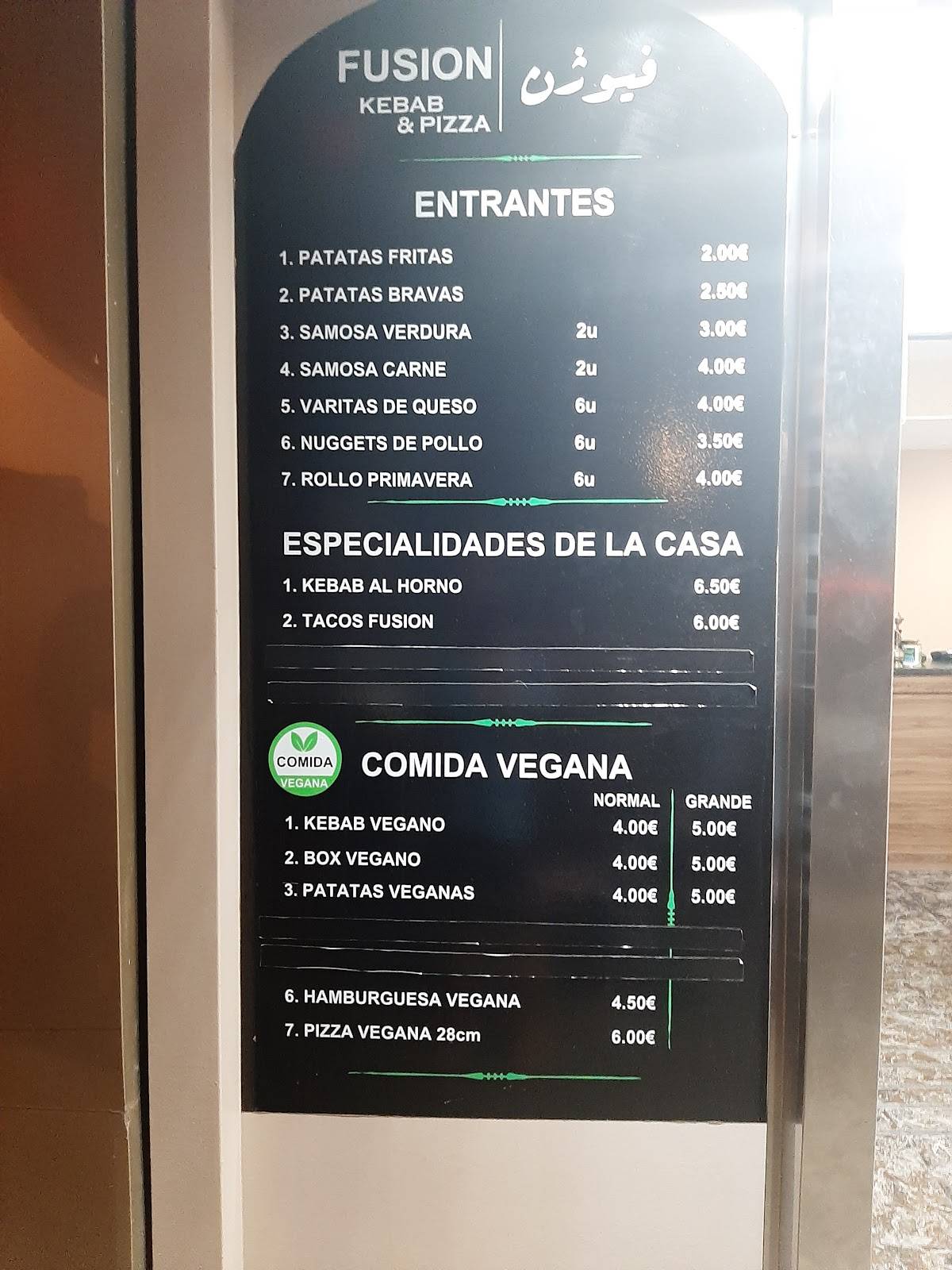 Carta del restaurante Fusion Kebab & Pizza, Valencia