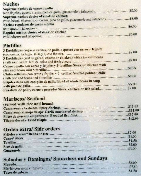 Menu at Barbacoa, Vallejo