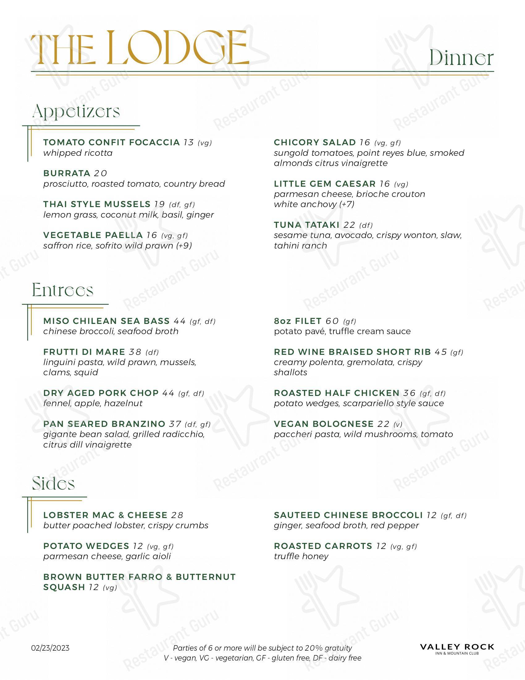 Menu at Valley Rock Inn & Mountain Club, Sloatsburg