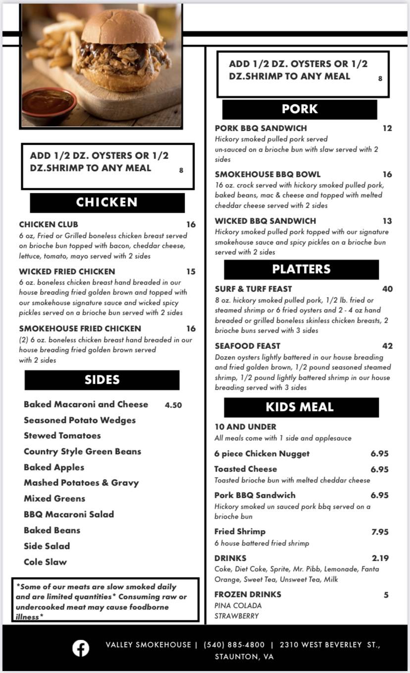 Menu at Valley Smokehouse BBQ, Staunton