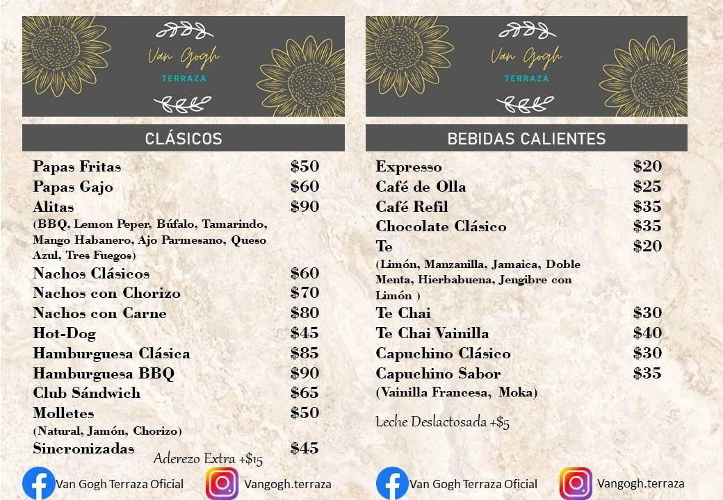 Menu at Van Gogh Terraza cafe, San Cristóbal de las Casas