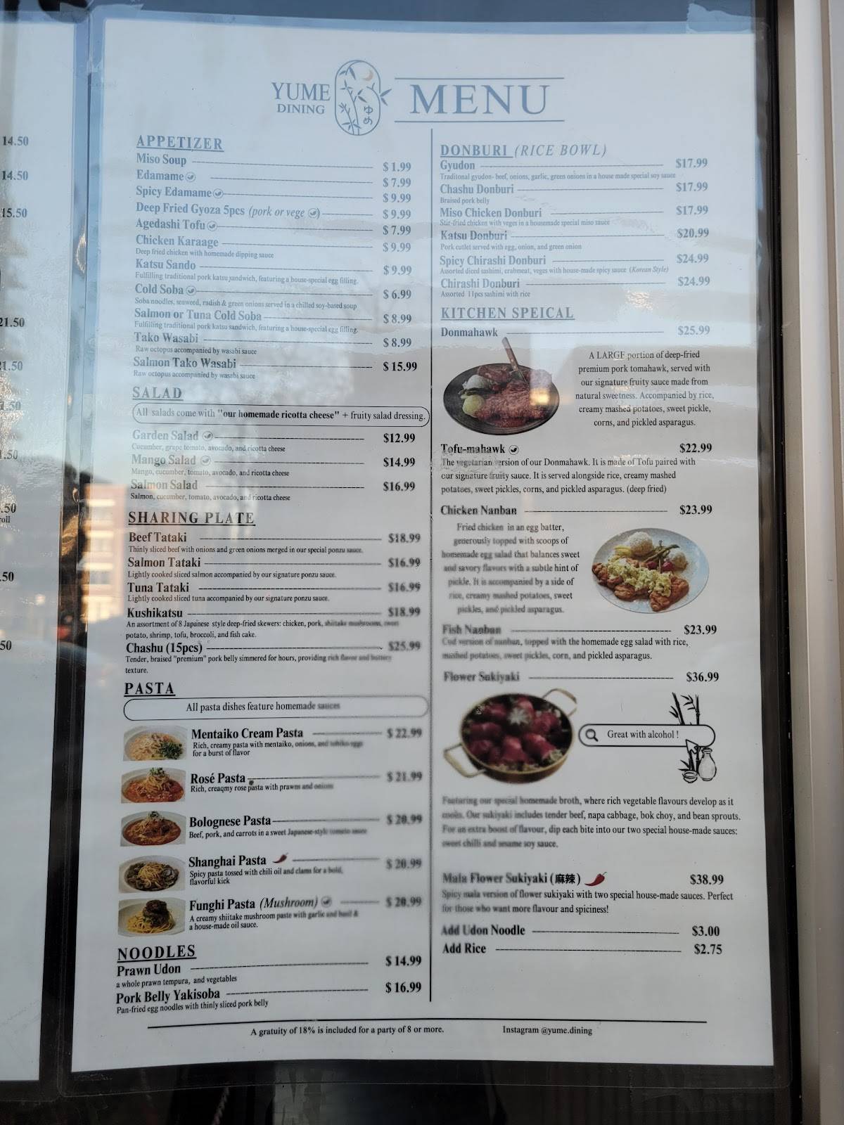 Menu at Yume Dining restaurant, Vancouver