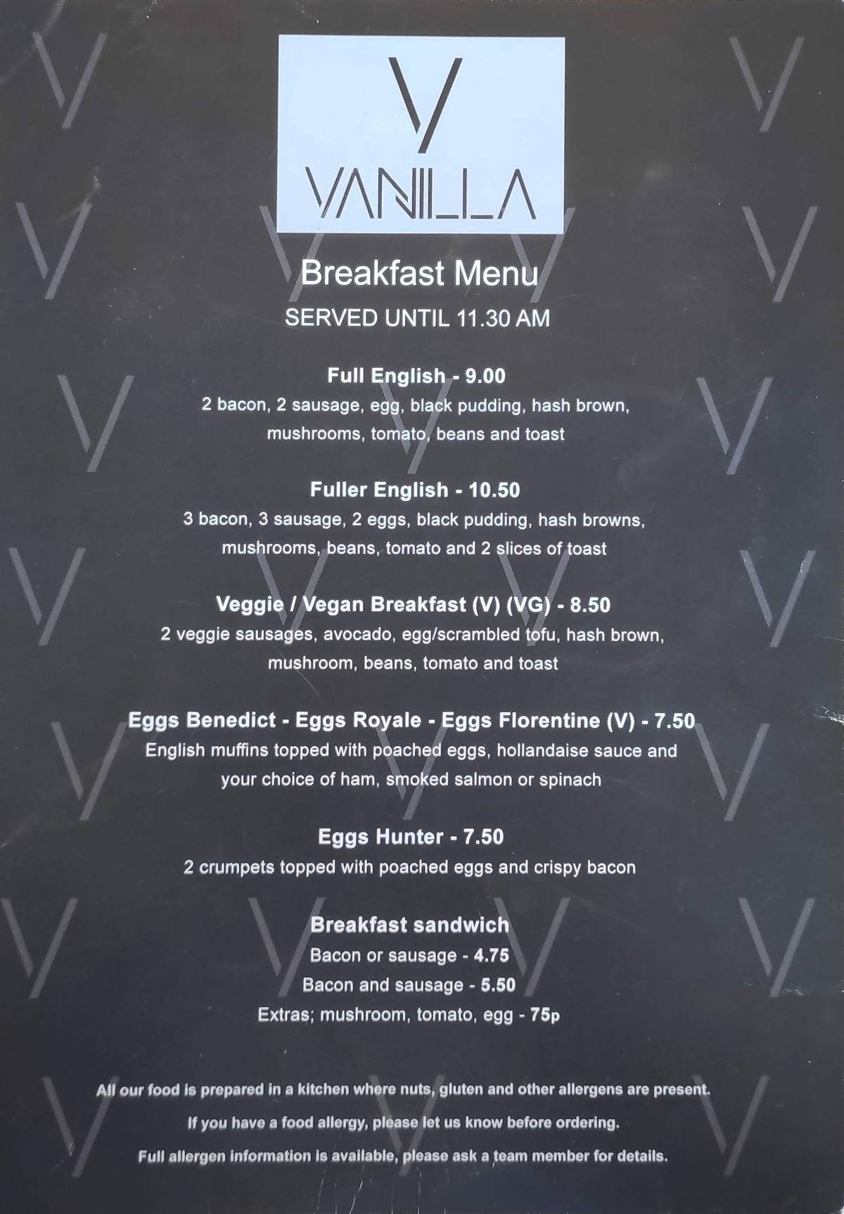 Menu at Vanilla cafe, Wolverhampton