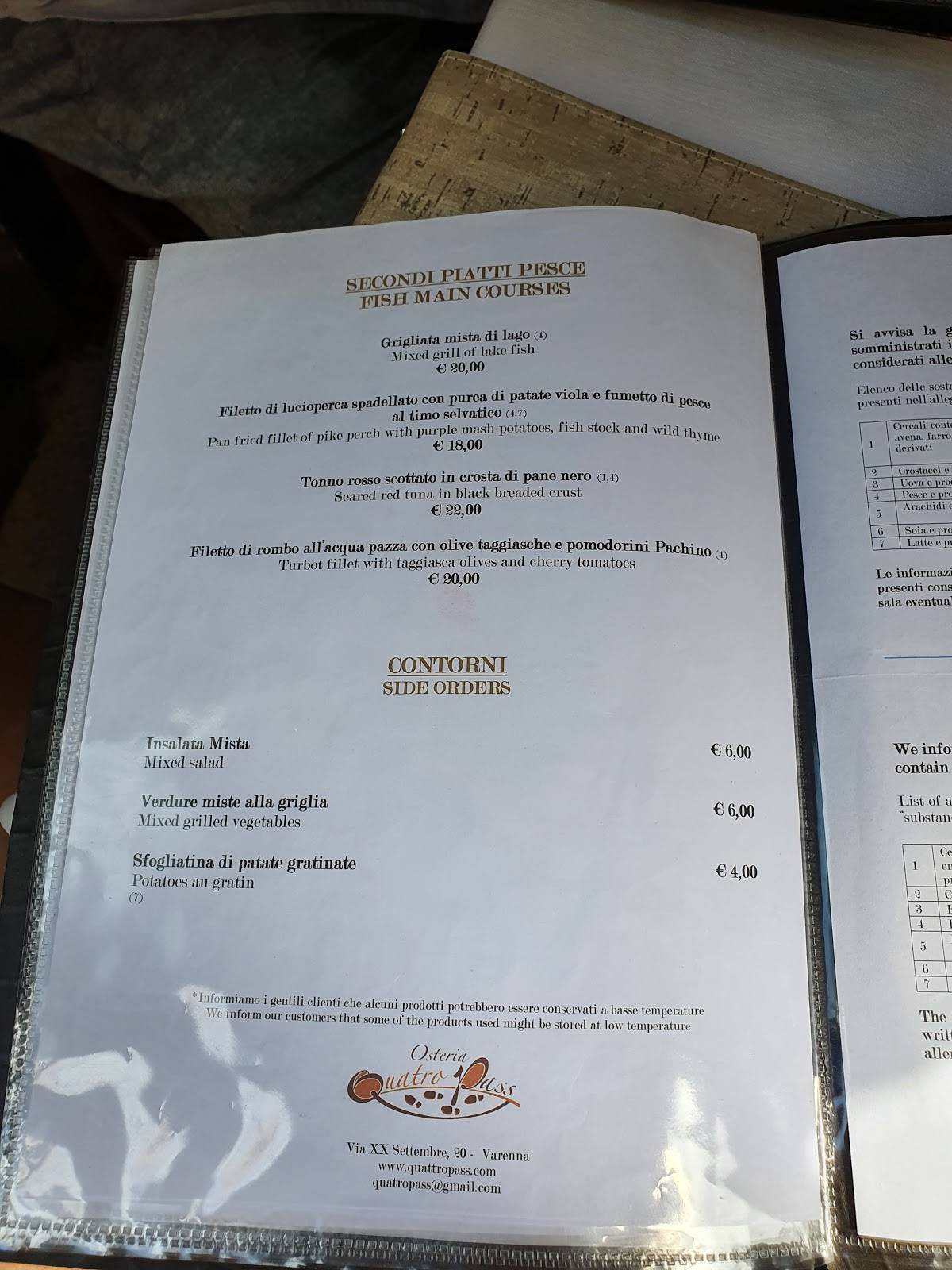 Menu at Osteria Quatro Pass restaurant, Varenna