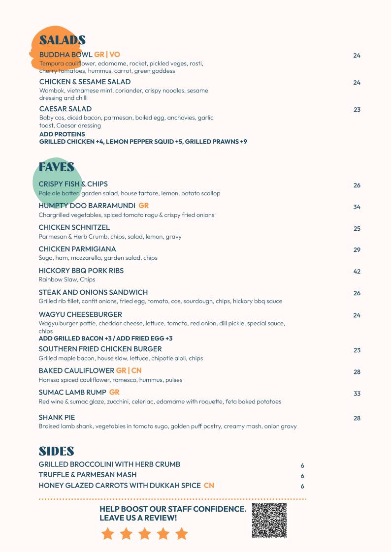 Menu at Varsity Lakes Tavern restaurant, Burleigh Waters