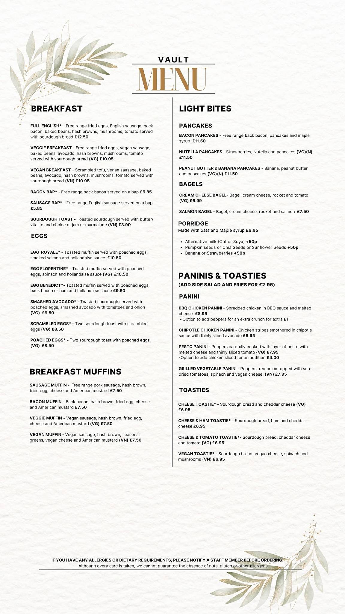 Menu at Vault restaurant, Nottingham