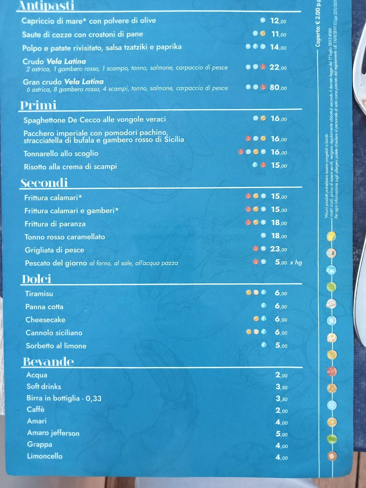 Menu da Vela Latina ristorante, Fiumicino