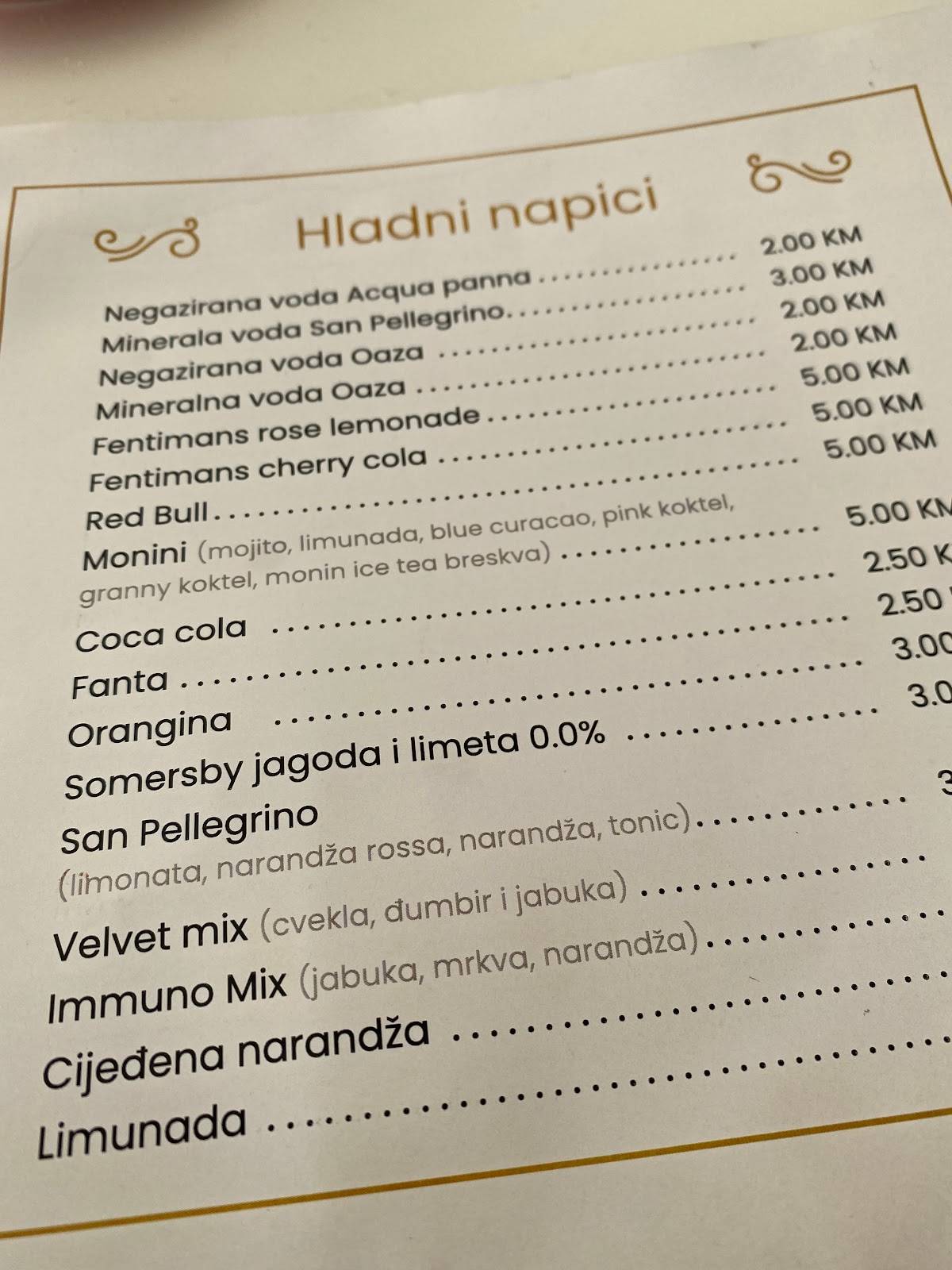 Menu at Velvet café cafe, Zenica