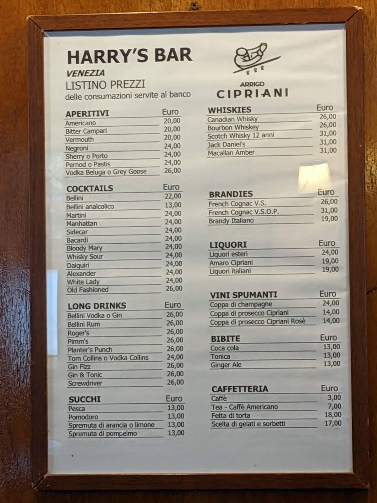 Menu at Harry's Bar, Venice, Calle Vallaresso