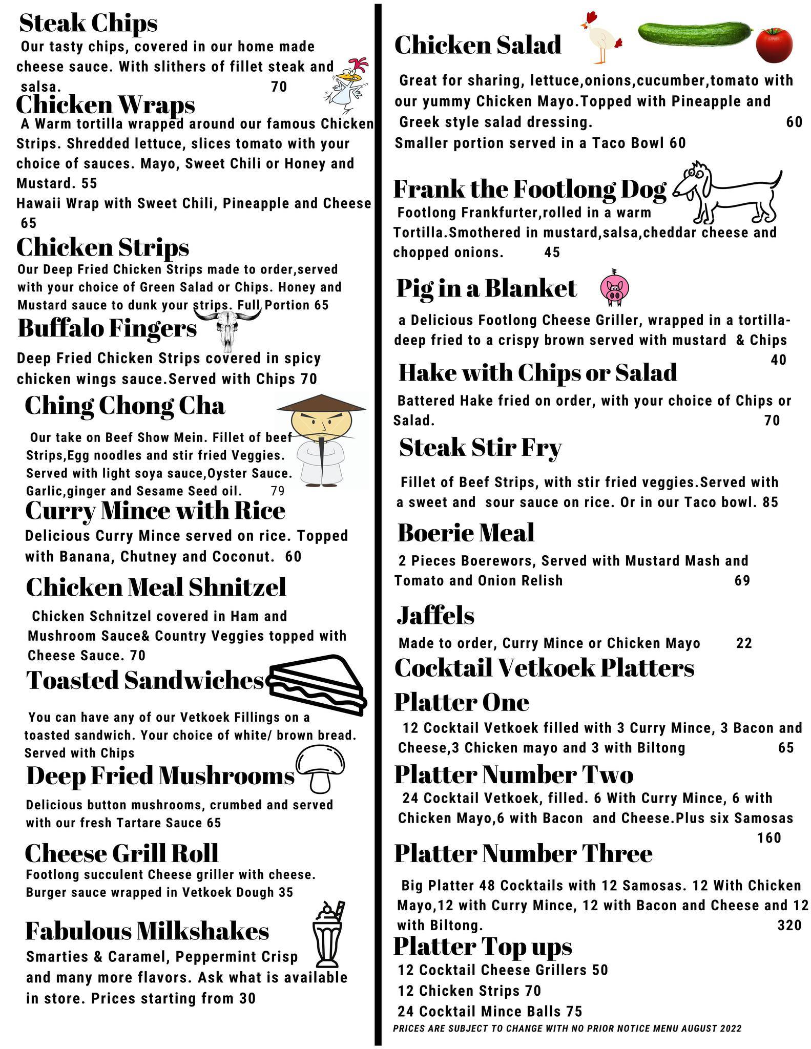Menu at Vetkoek Chef restaurant, Sasolburg