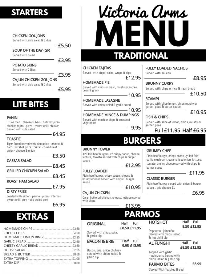 Menu at Victoria Arms restaurant, Hartlepool