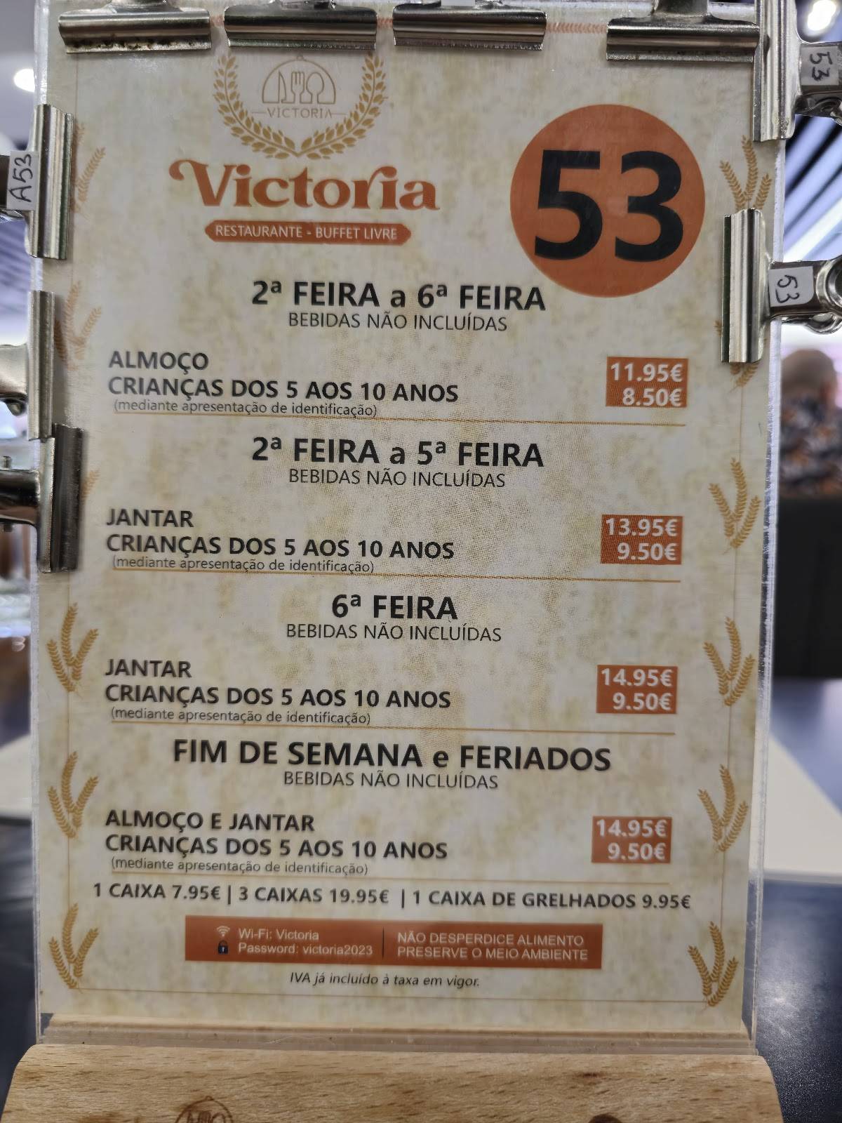 Menu em Victória restaurante, Bobadela