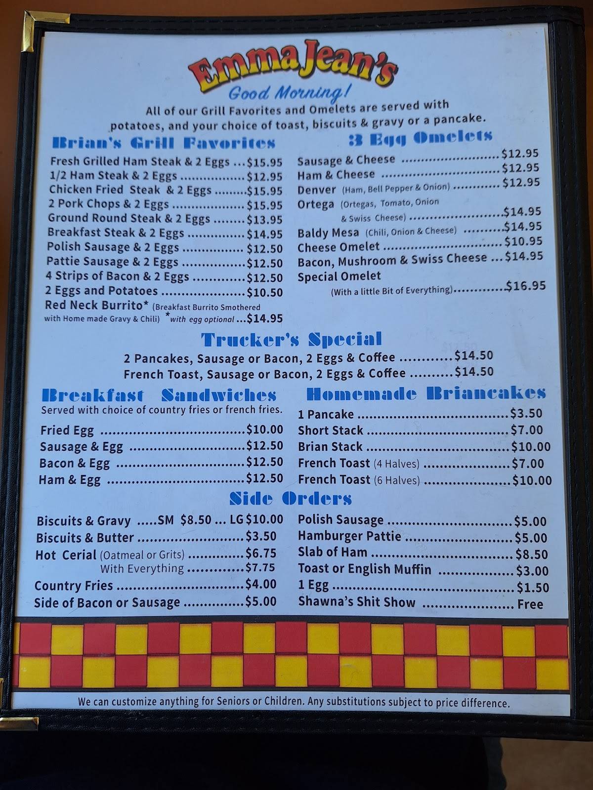 Carta de Emma Jean's Holland Burger Cafe, Victorville