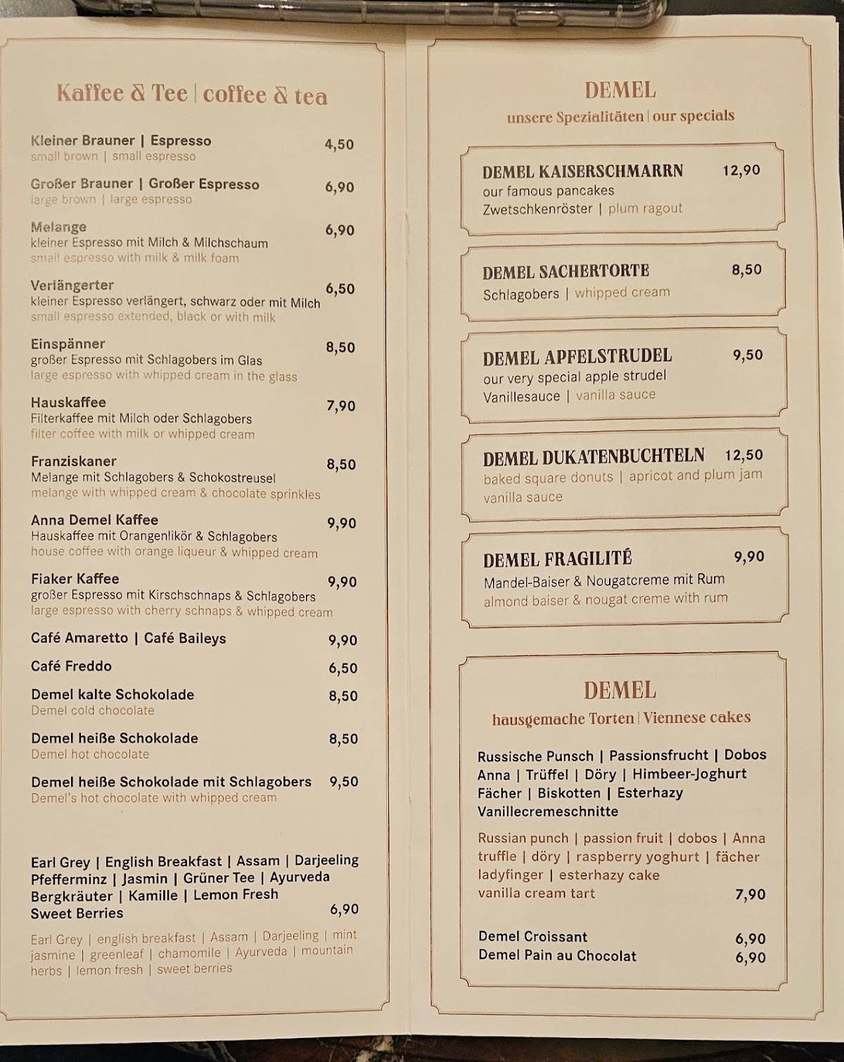 Menu at Demel cafe, Vienna, Kohlmarkt 14