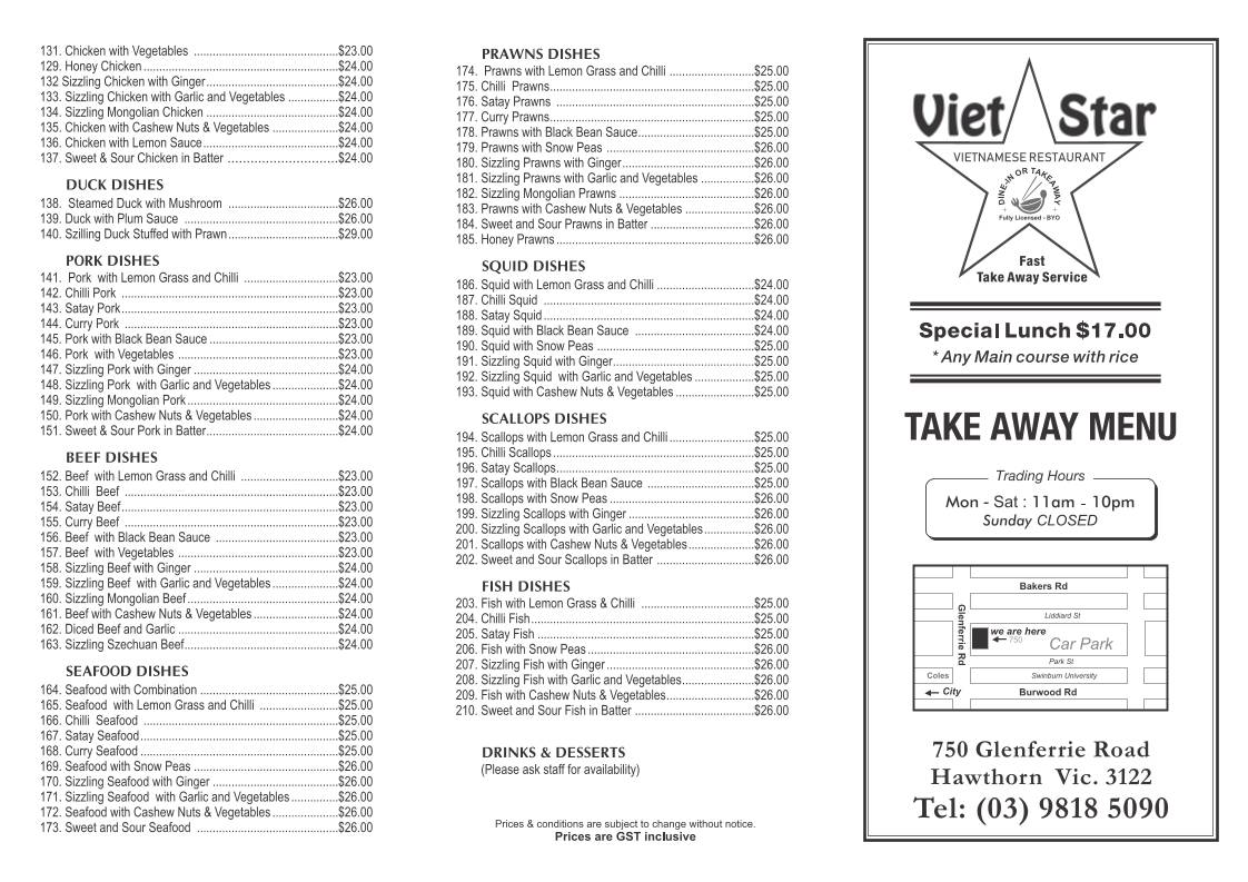 Menu at Viet Star restaurant, Hawthorn