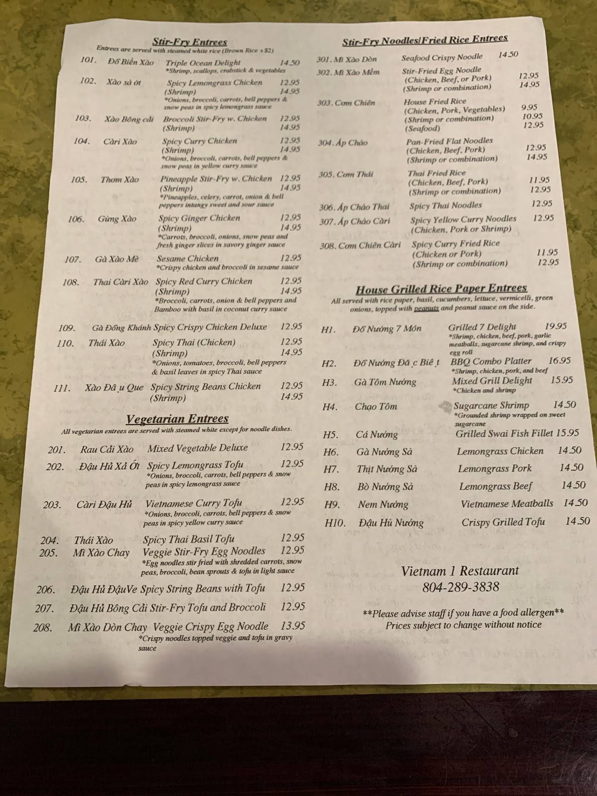 Menu at Vietnam One restaurant, Richmond