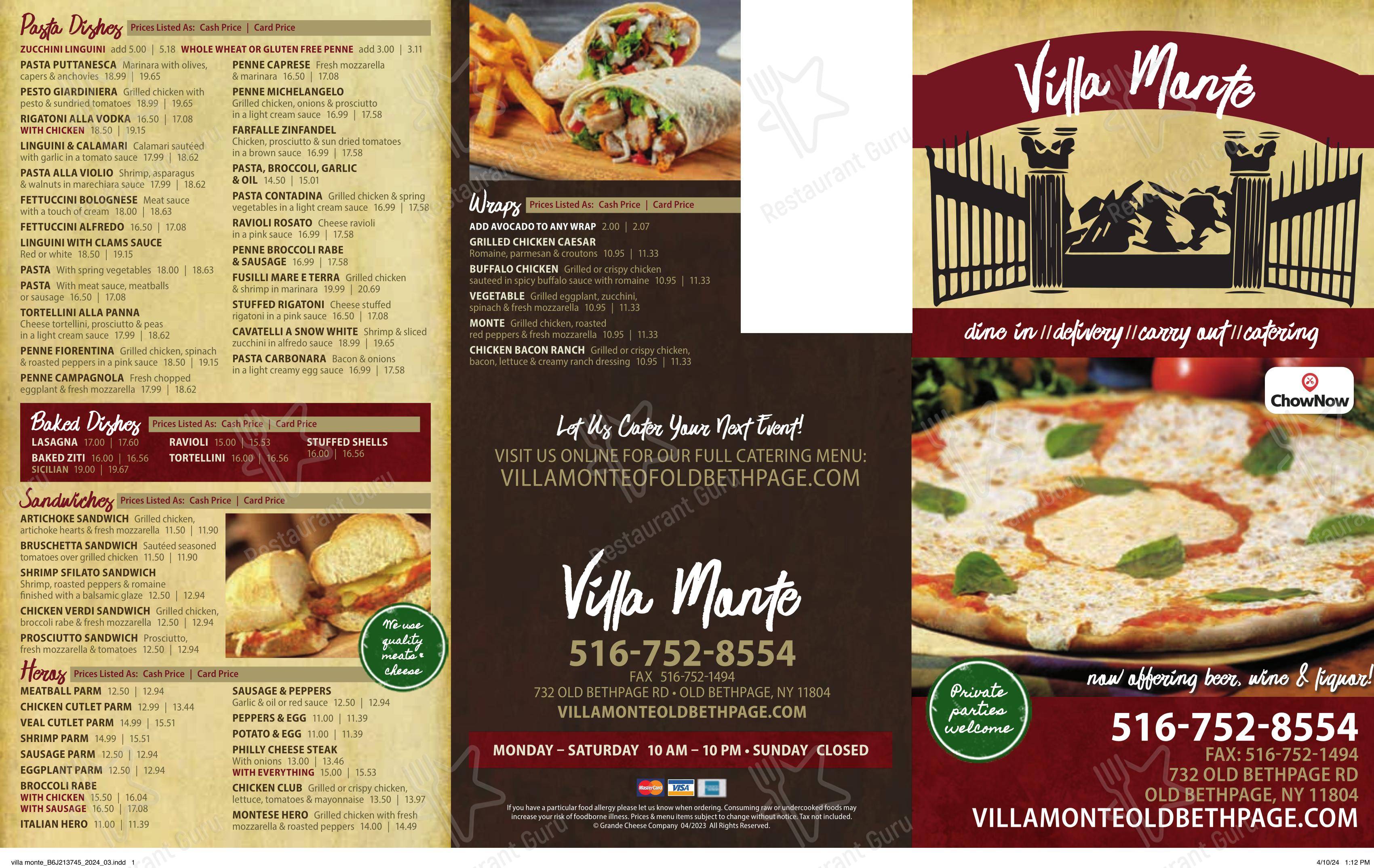 Villa monte menu store