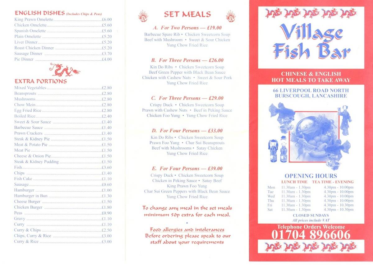 Menu at Village Fish Bar, Ormskirk