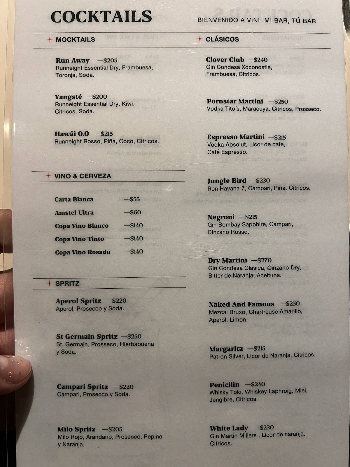 Carta de Vini the Bar, Monterrey