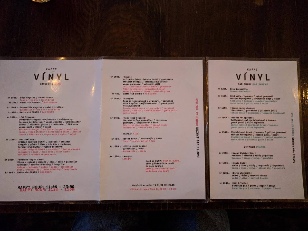 Menu at Vínyl Bistro cafe, Reykjavík