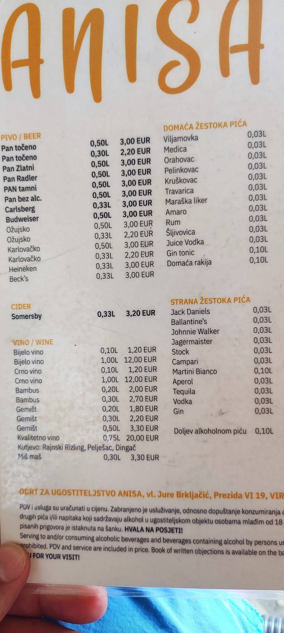 Carta de Beach Bar & Grill Anisa, Vir