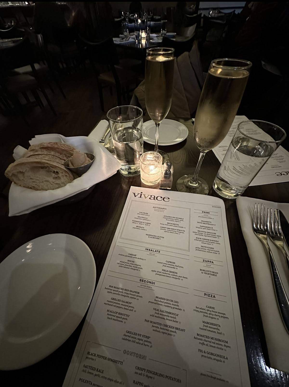 Menu at Vivace restaurant, Raleigh