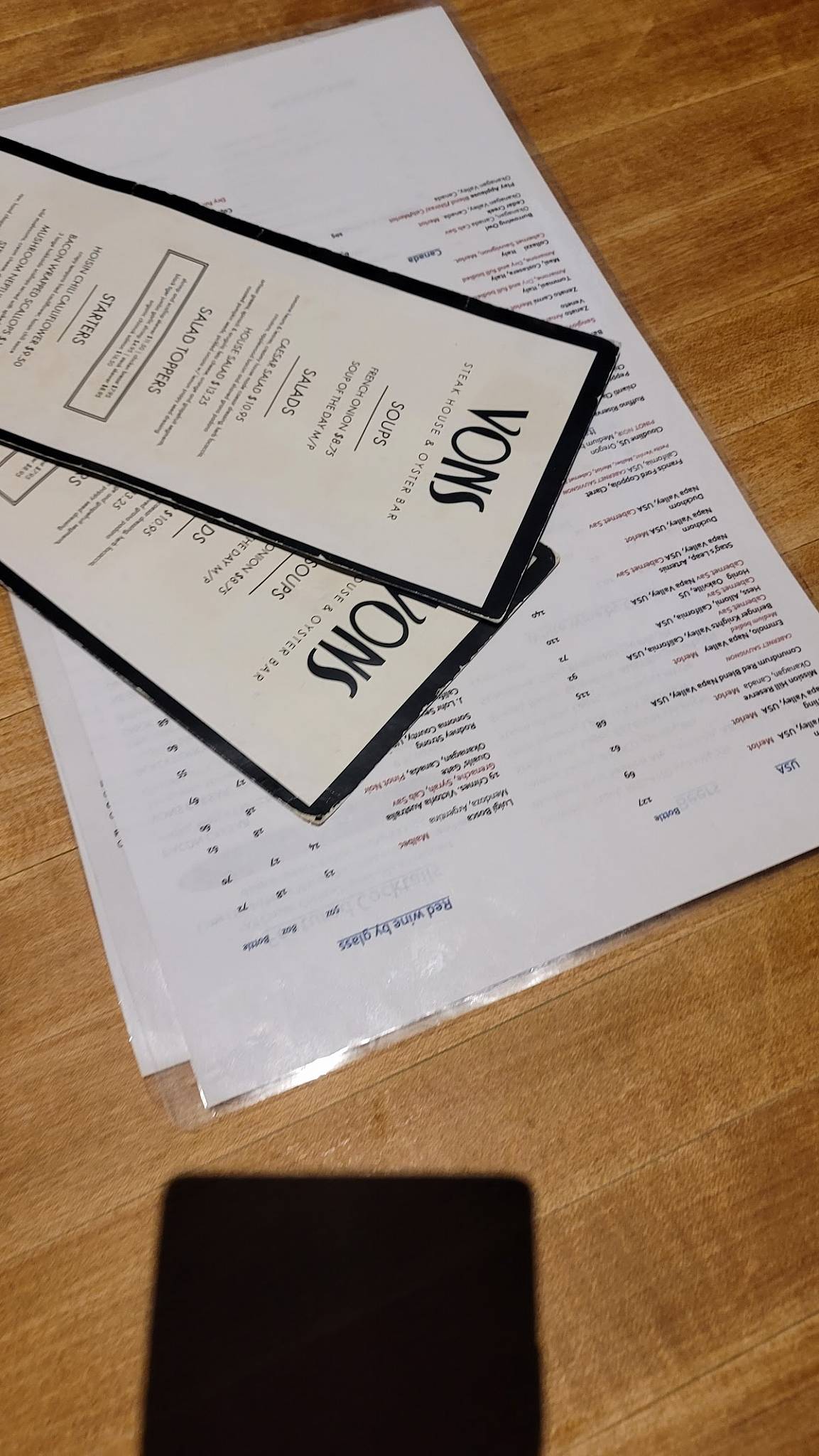 Menu at Vons Steak House steakhouse, Edmonton