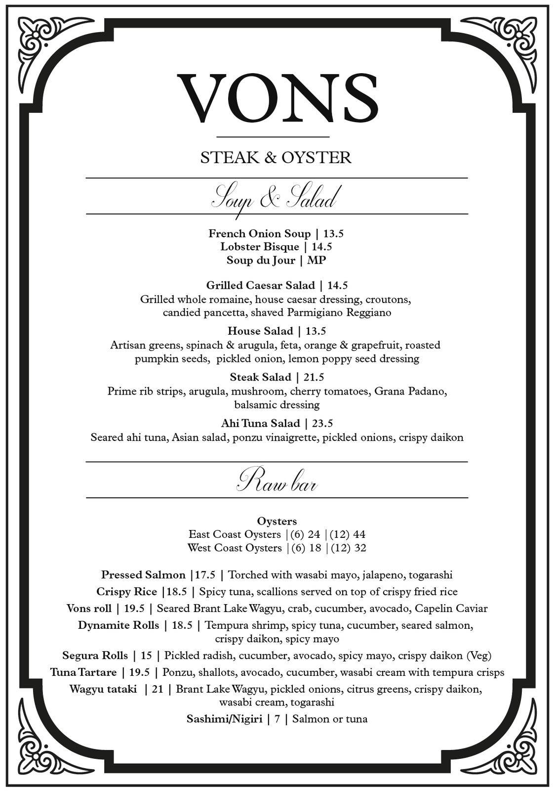 Menu at Vons Steak House steakhouse, Edmonton