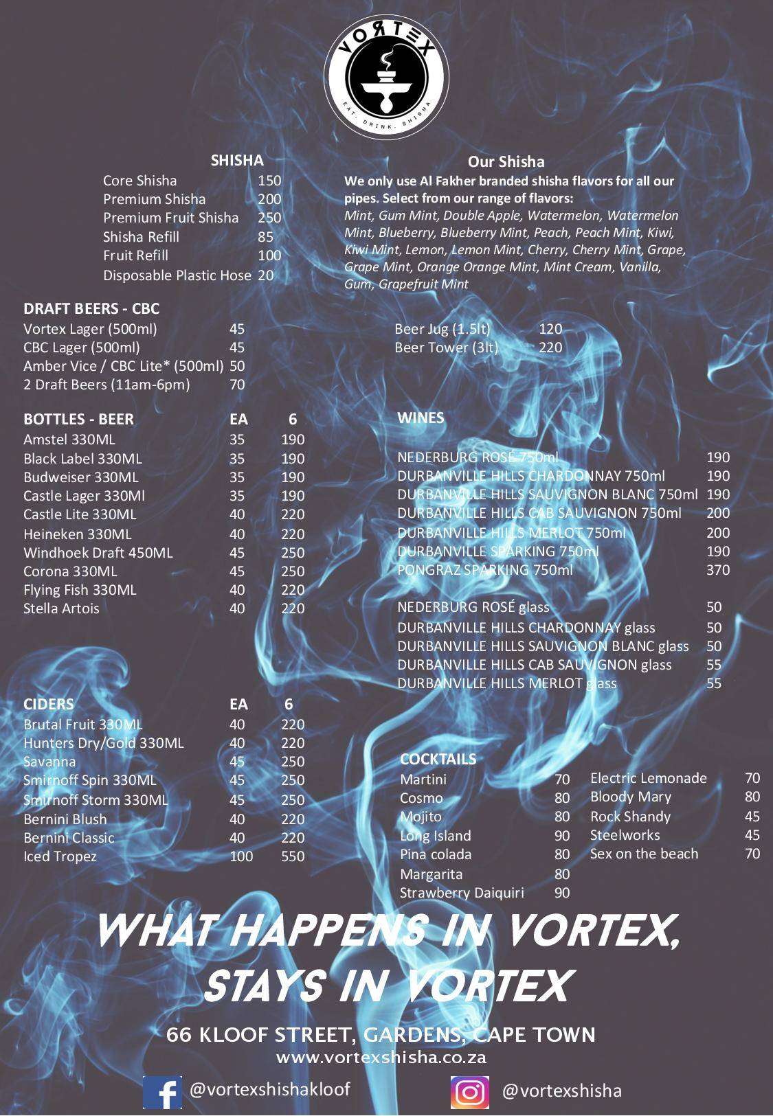 Speisekarte von Vortex Shisha pub & Bar, Kapstadt