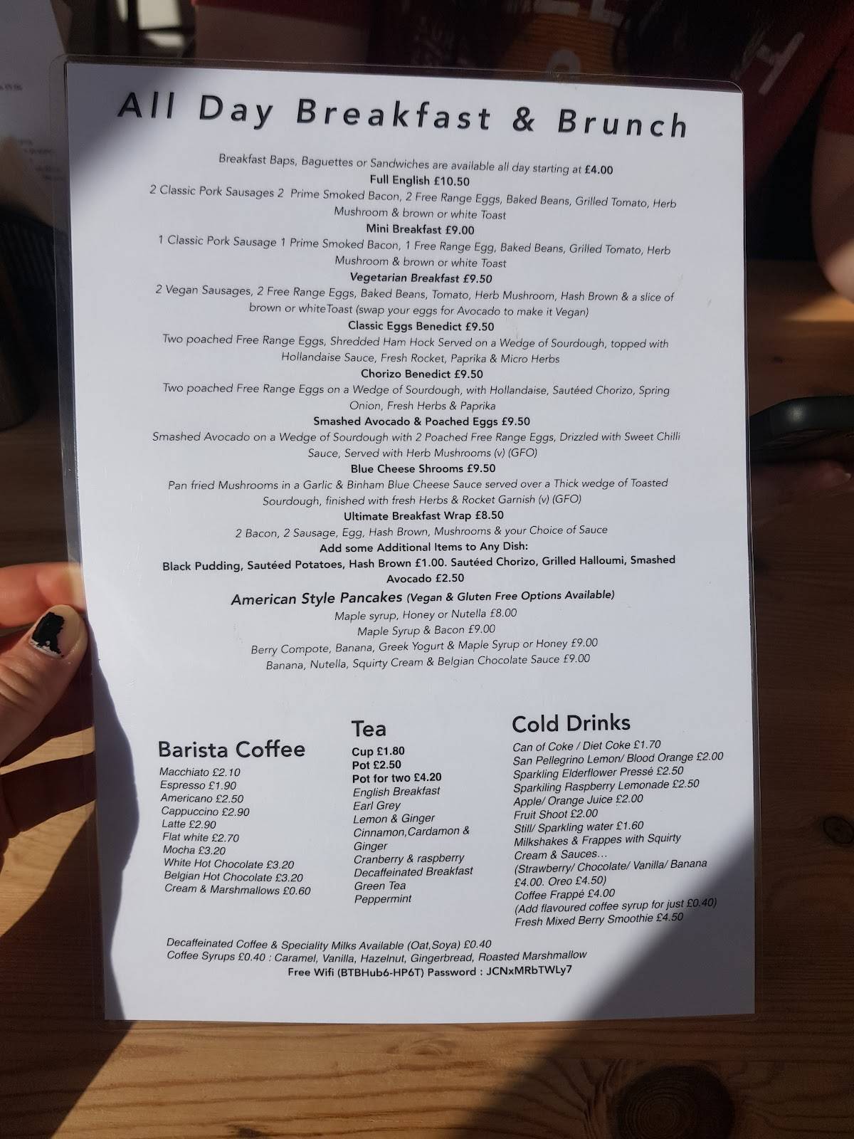 Menu at V's Cafe, Cawston