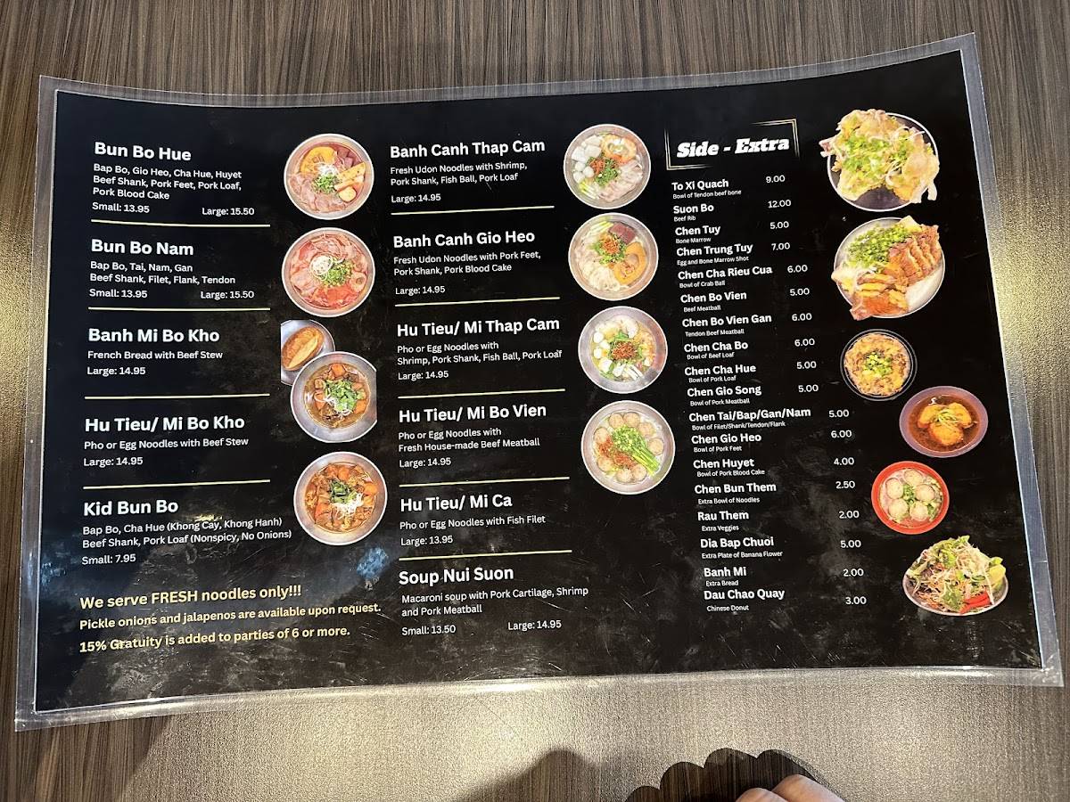 Menu at Vua Bun Bo restaurant, Houston