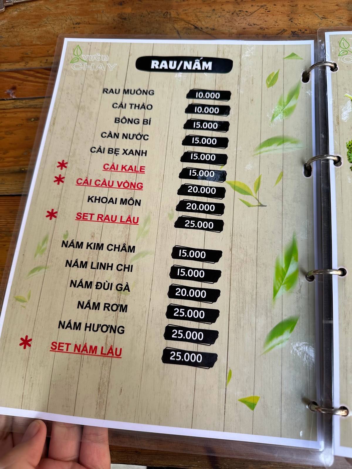 Menu at Vườn Chay restaurant, Vietnam