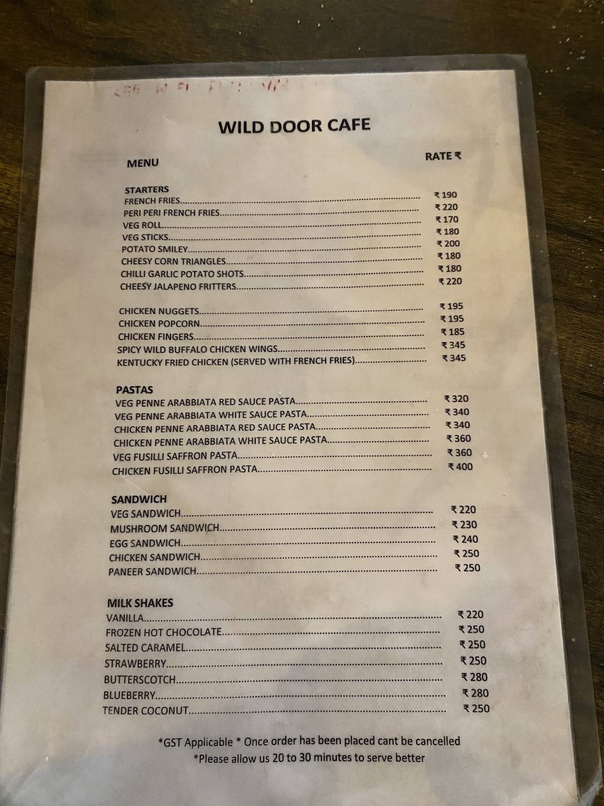 Menu at WILD DOOR CAFE, Anaikatti