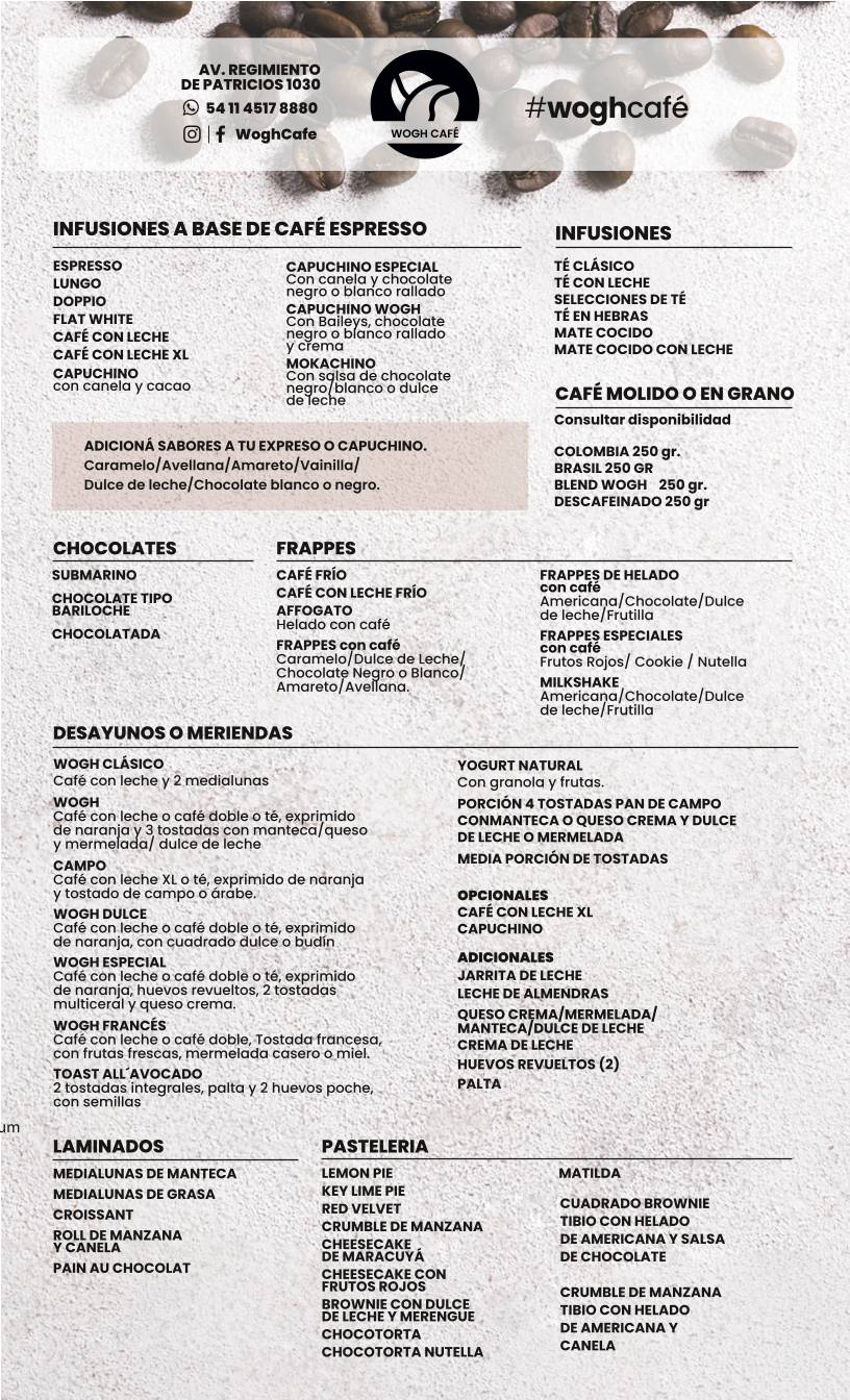 Menu at WOGH CAFÉ, Buenos Aires, Av. Regimiento de Patricios 1030