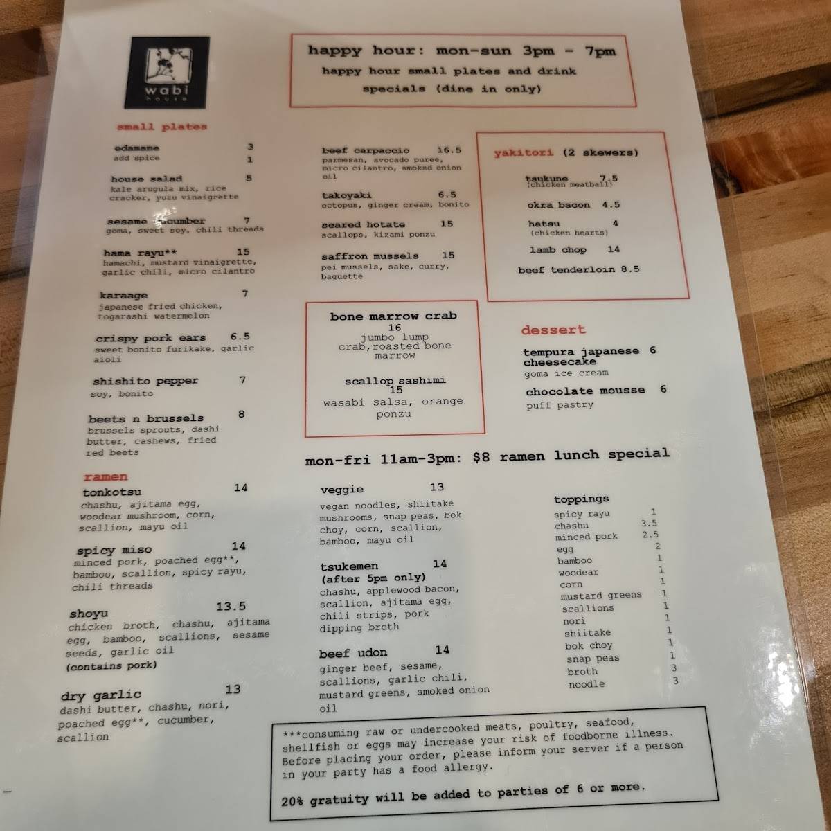 Menu at Wabi House Frisco pub & bar, Frisco