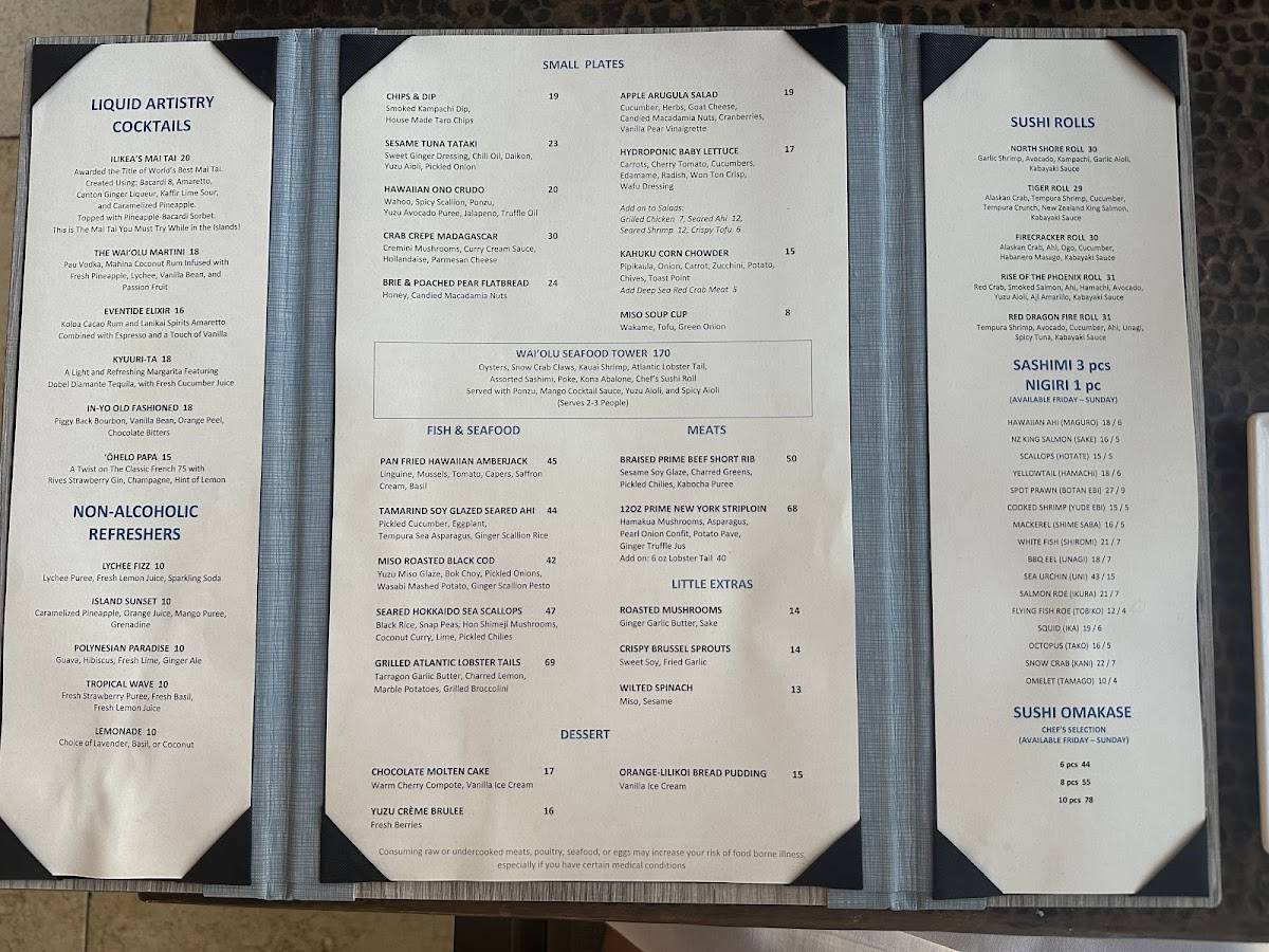 Menu at Wai'olu Ocean Cusine restaurant, Honolulu