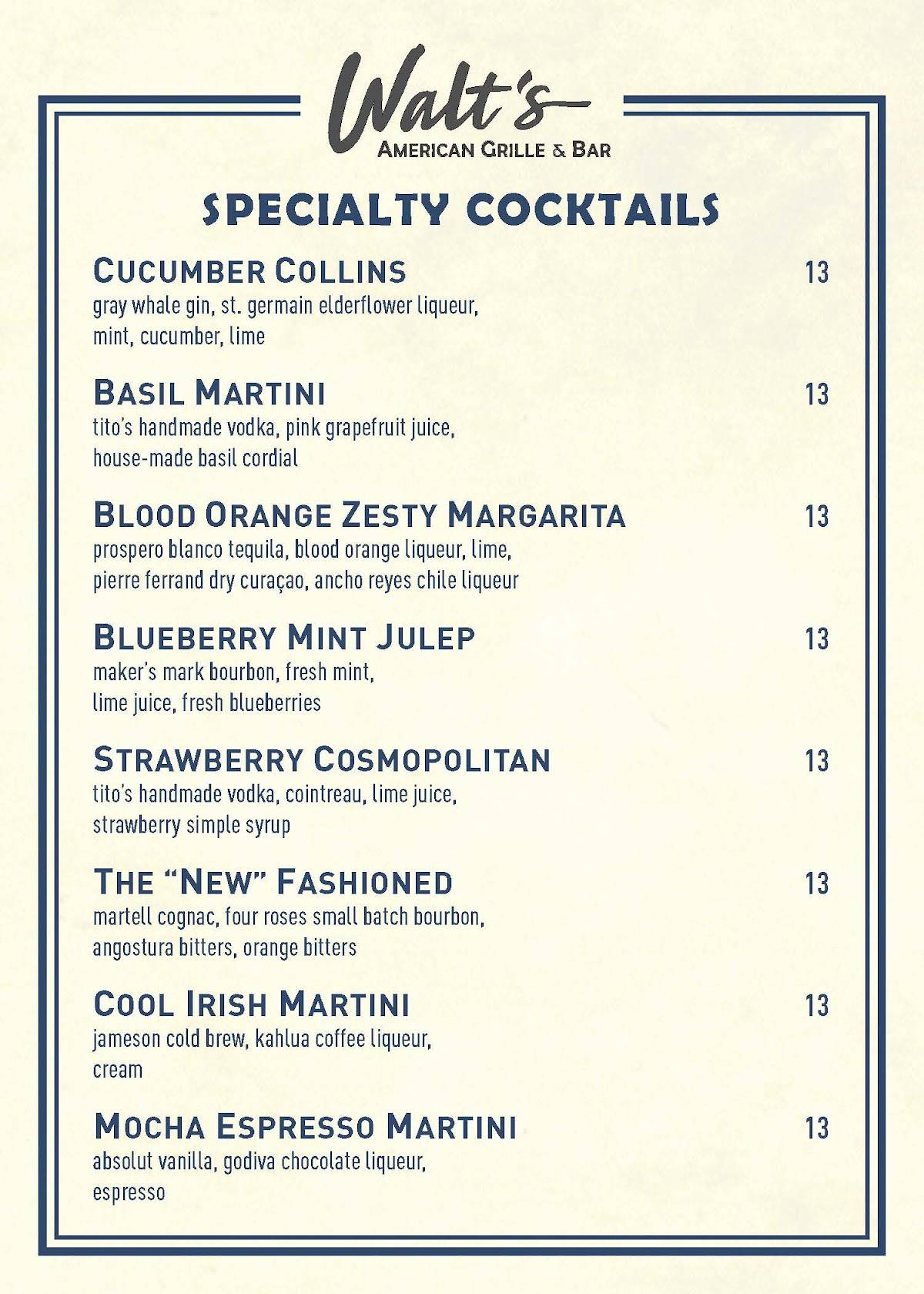 Menu at Walt's American Grill & Bar, Boca Raton