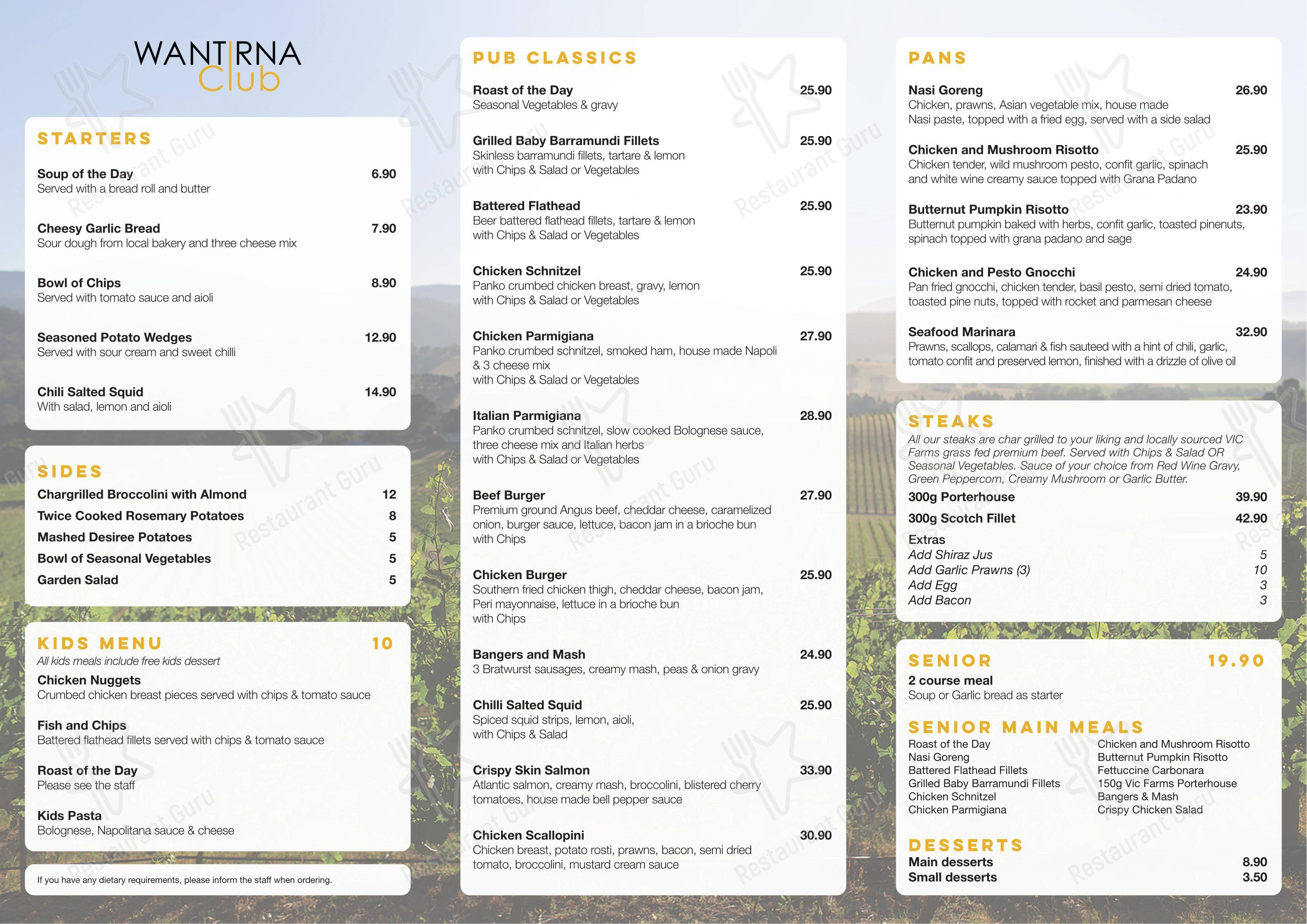 Menu at Wantirna Club, Wantirna South, 350 Stud Rd