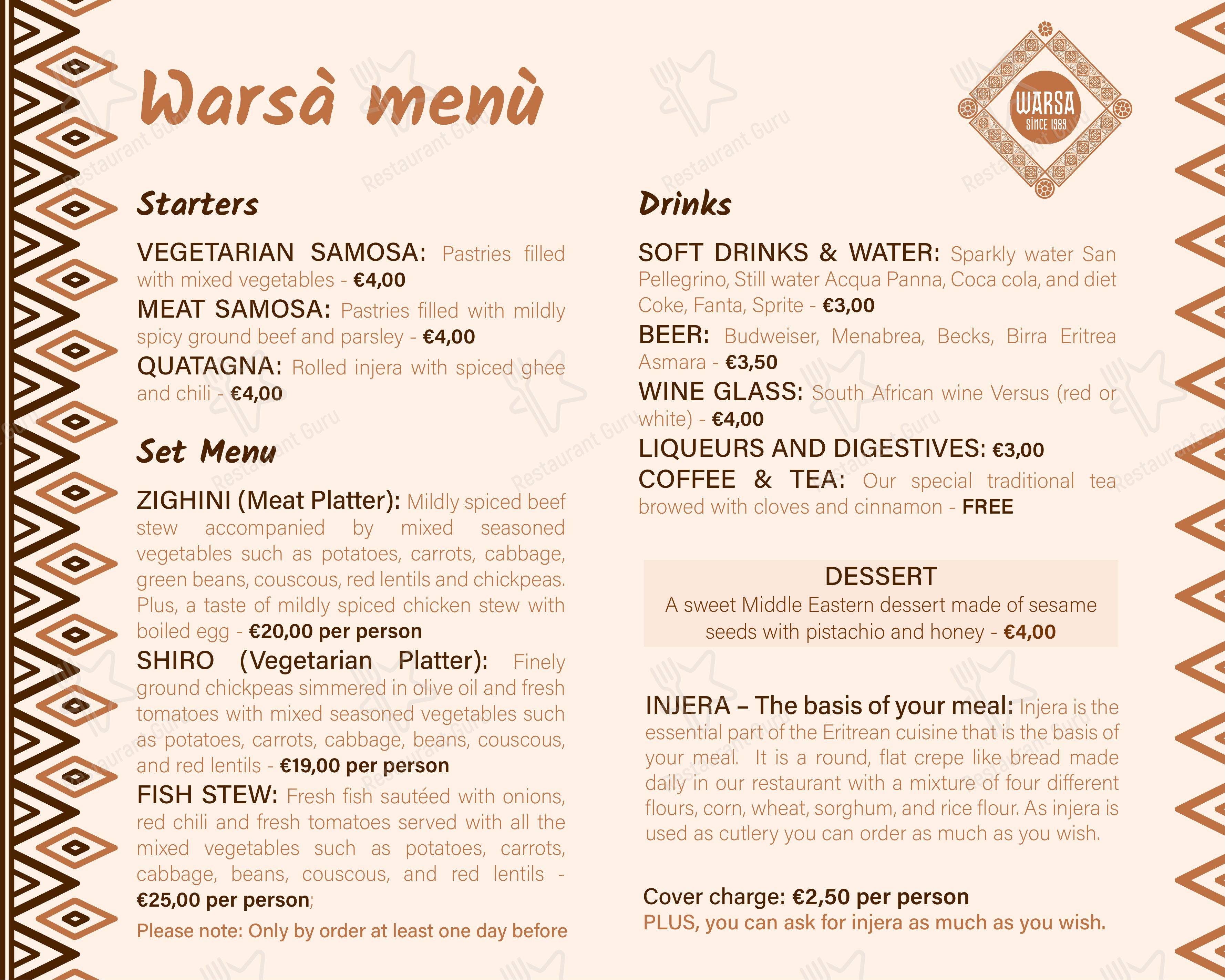 Menu da Ristorante Warsà, Milano