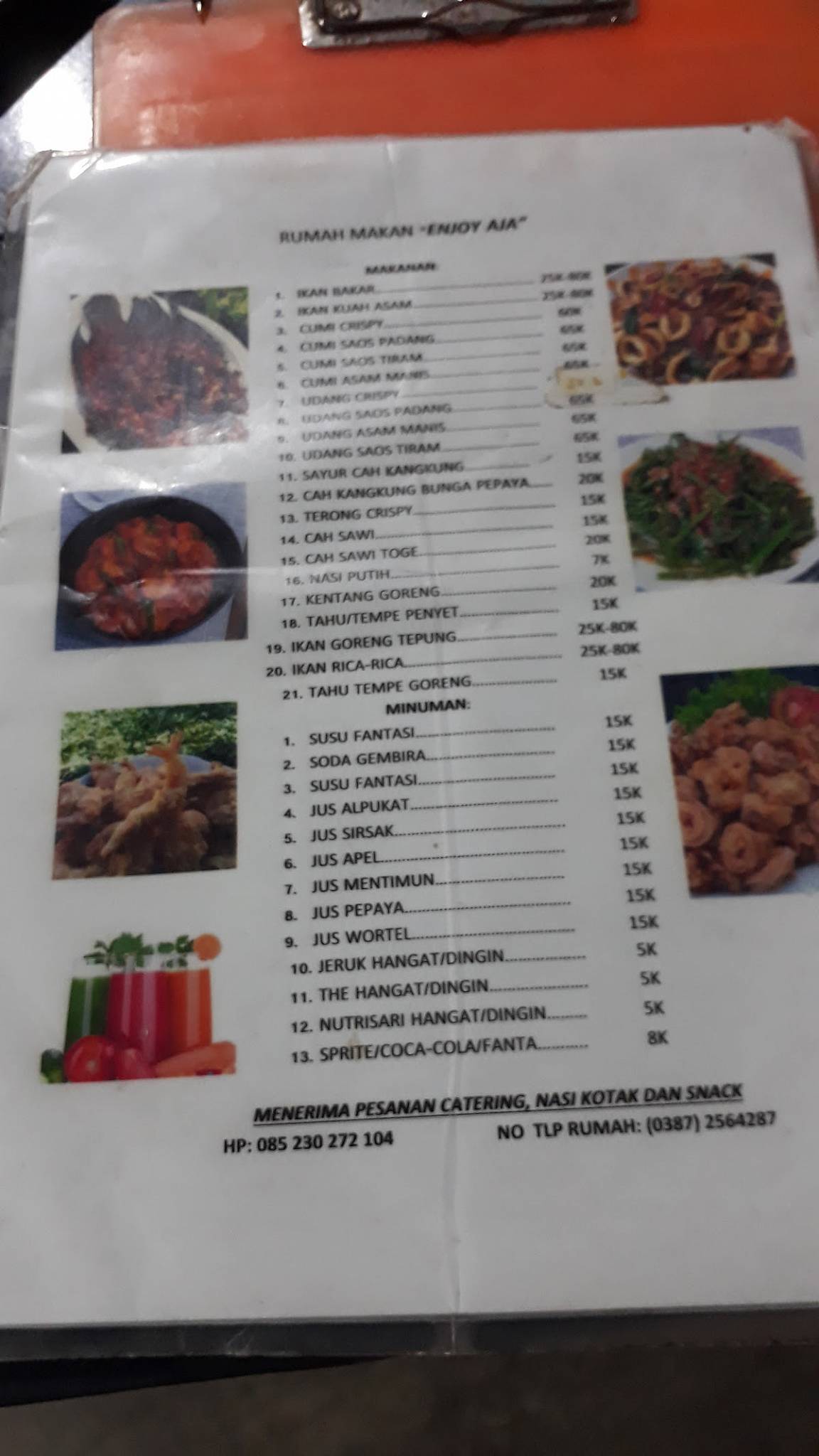 Menu at Warung Ikan Bakar Enjoy Aja restaurant, Kamalaputi
