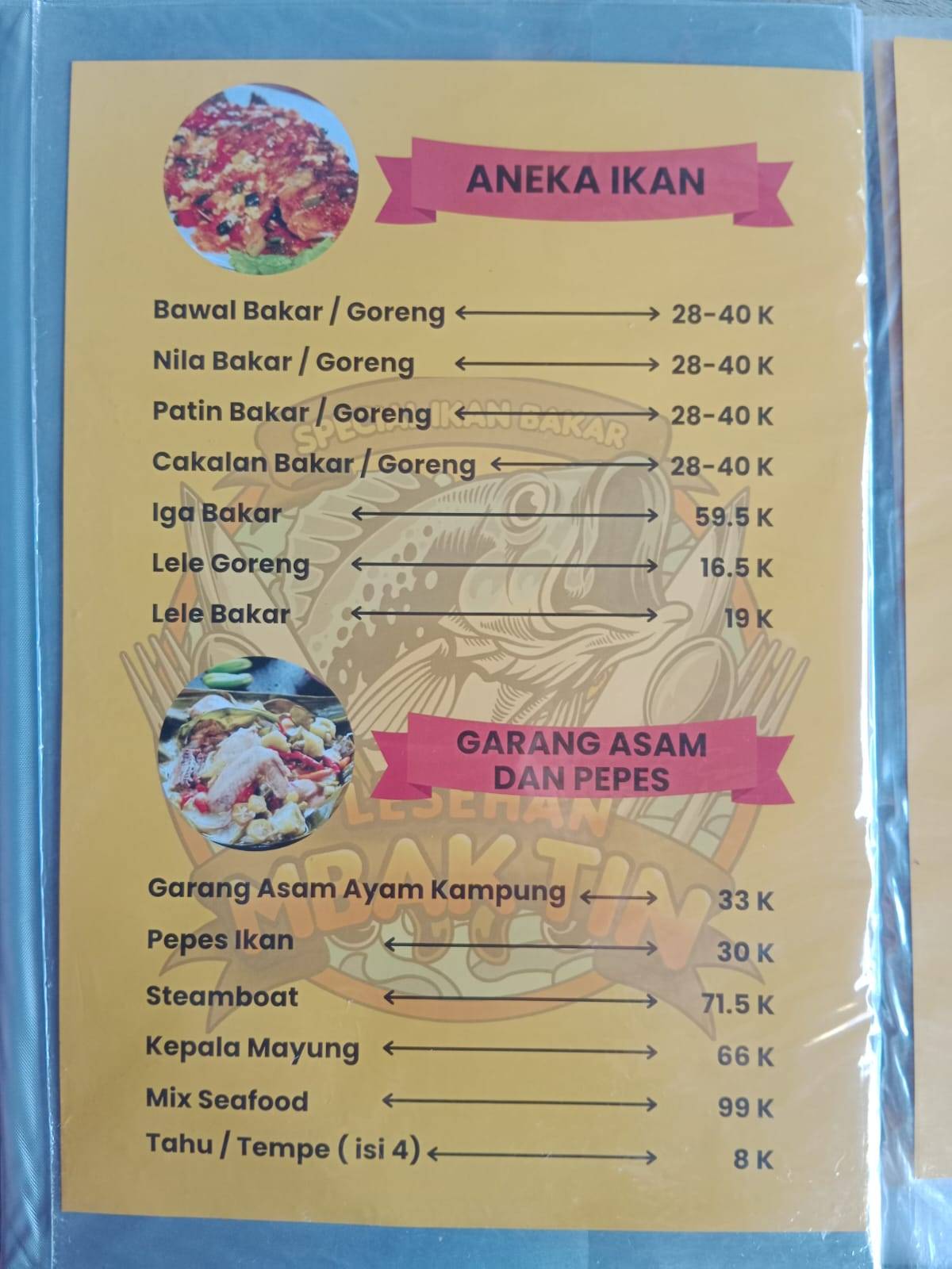 Menu at Warung Lesehan Mbak Tin restaurant, Purworejo, Jl. Lingkar Selatan